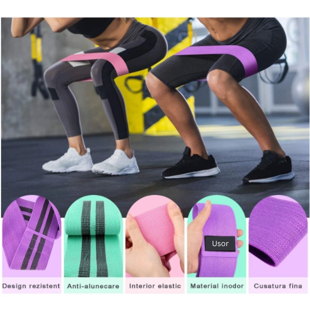 Set benzi elastice de rezistenta din material textil, 3 niveluri de ...