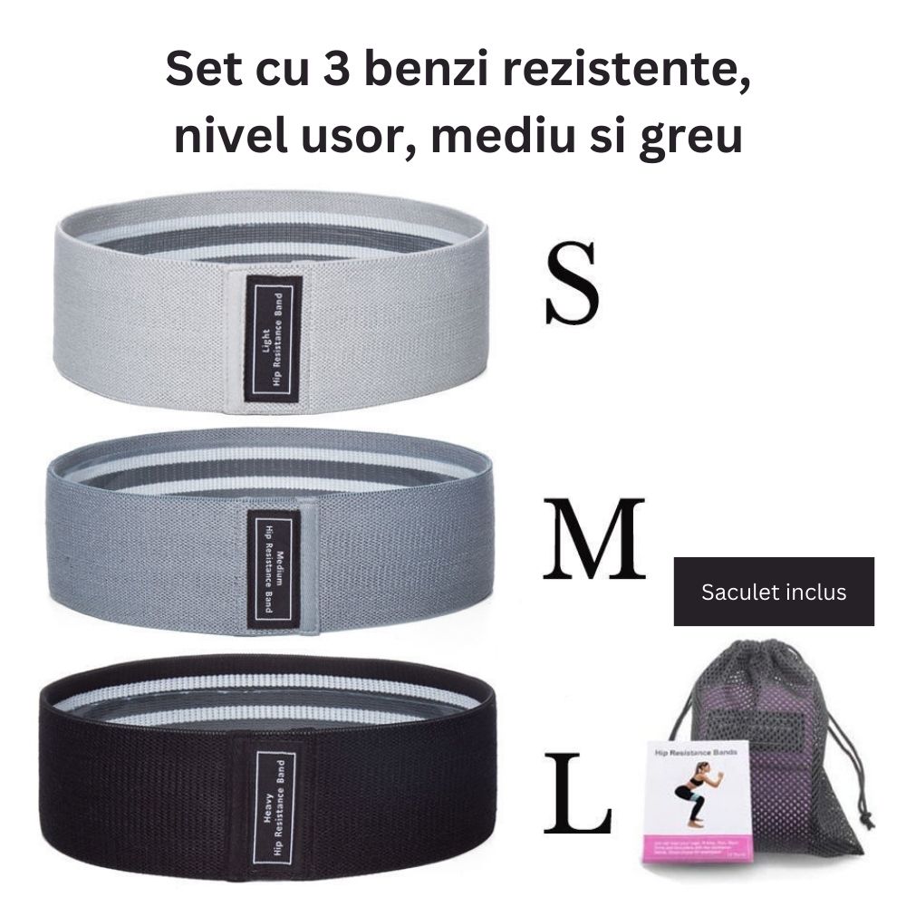 Set benzi elastice de rezistenta din material textil, 3 niveluri de ...