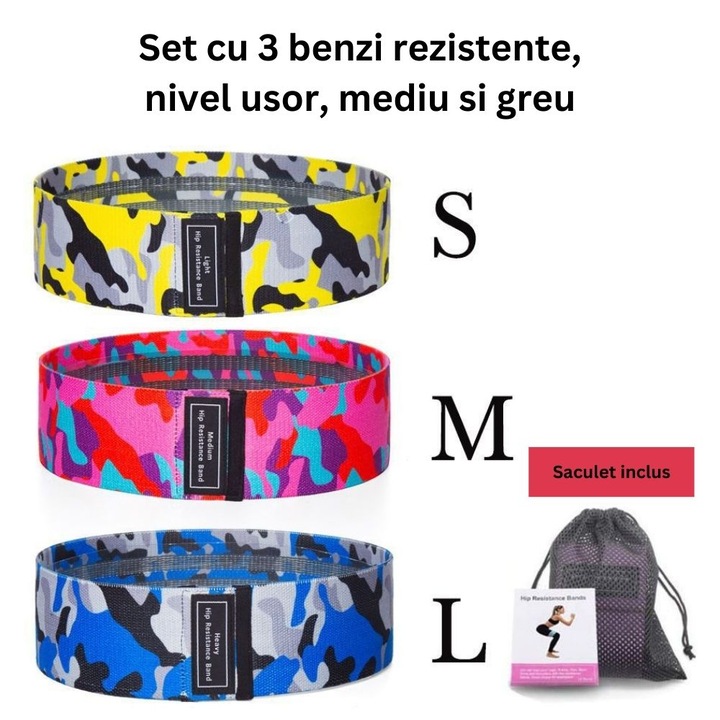 Set benzi elastice de rezistenta din material textil, 3 niveluri de ...