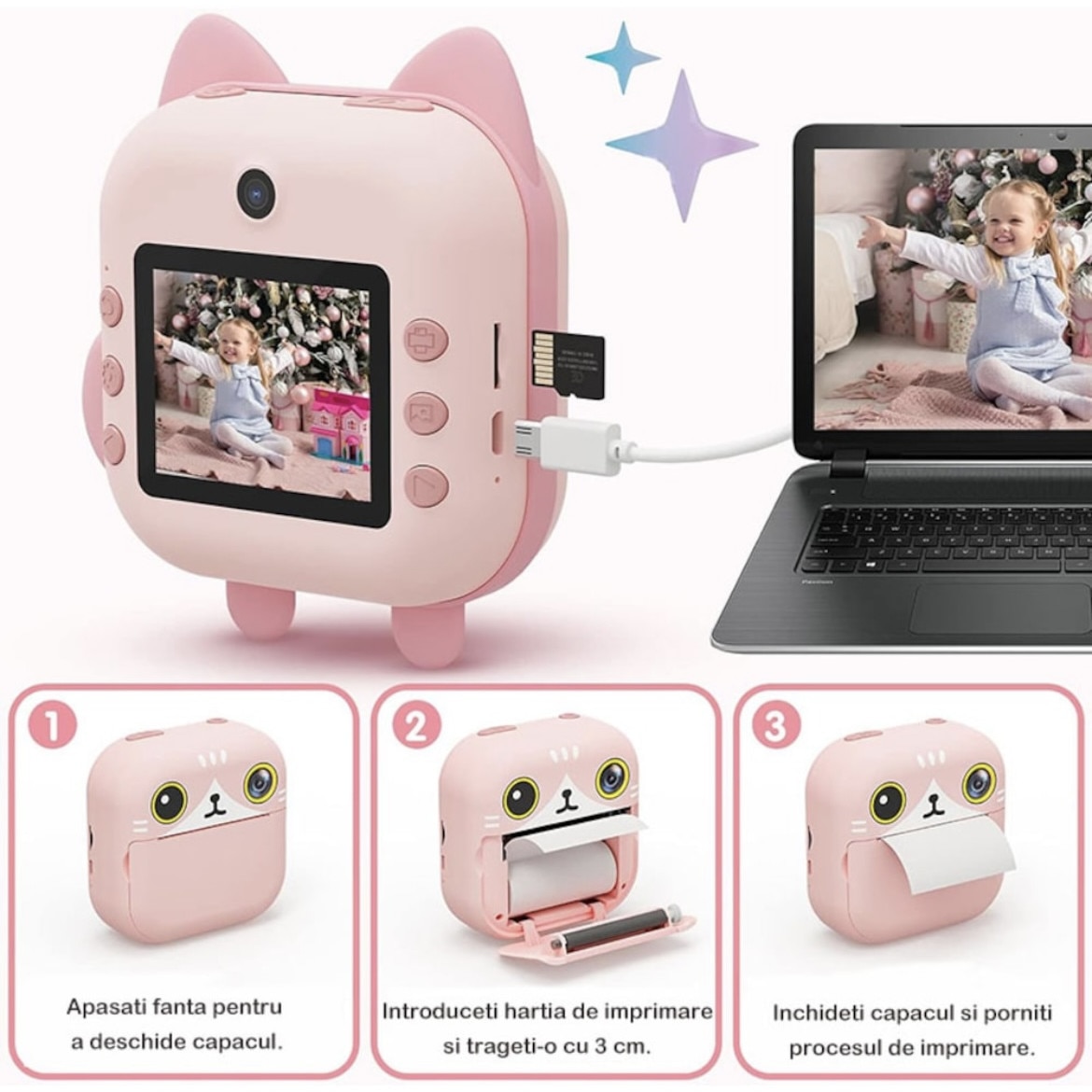 Camera foto cu printer pentru copii, 32 GB, 1080p HD, Roz - eMAG.ro