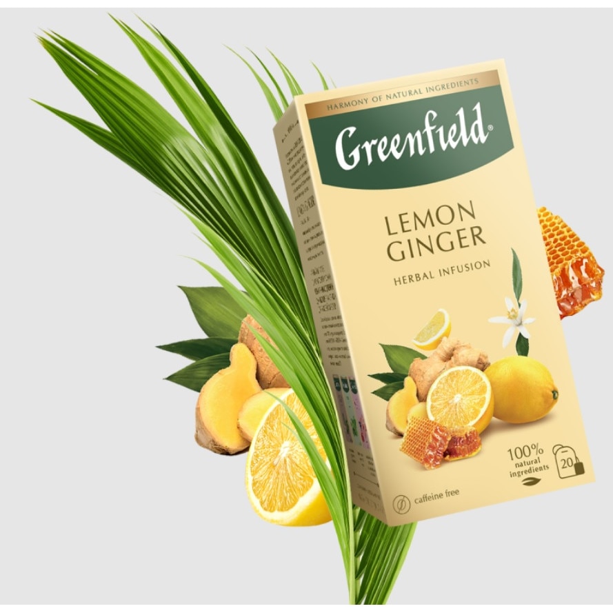 Ceai de plante Greenfield Lemon Ginger, 20 pliculete x 1.5 g, cu aroma ...