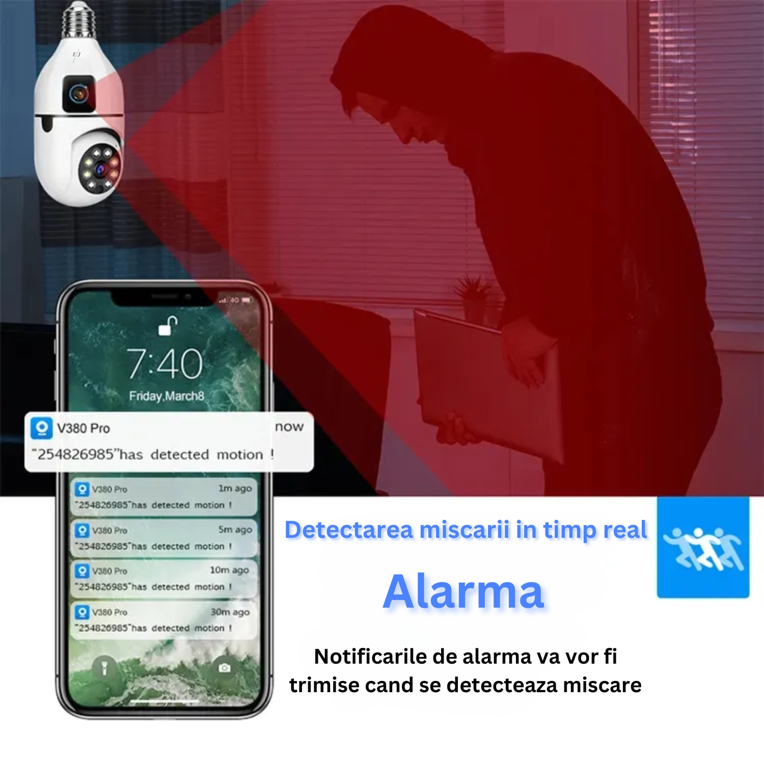 Camera de supraveghere dubla inteligenta 360°, EJ PRODUCTS, V380, PTZ WiFi, CCTV, 4 MP, detectie ...