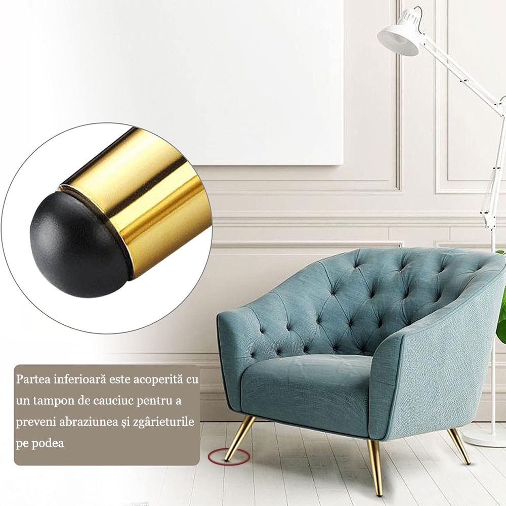 Set 4 picioare metalice pentru mobilier, picioare canapea, Inox, 17cm ...