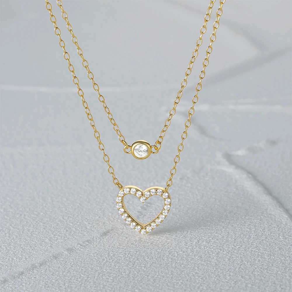 Lantisor dublu cu inimioara din argint 925 placat cu aur galben 18K si ...