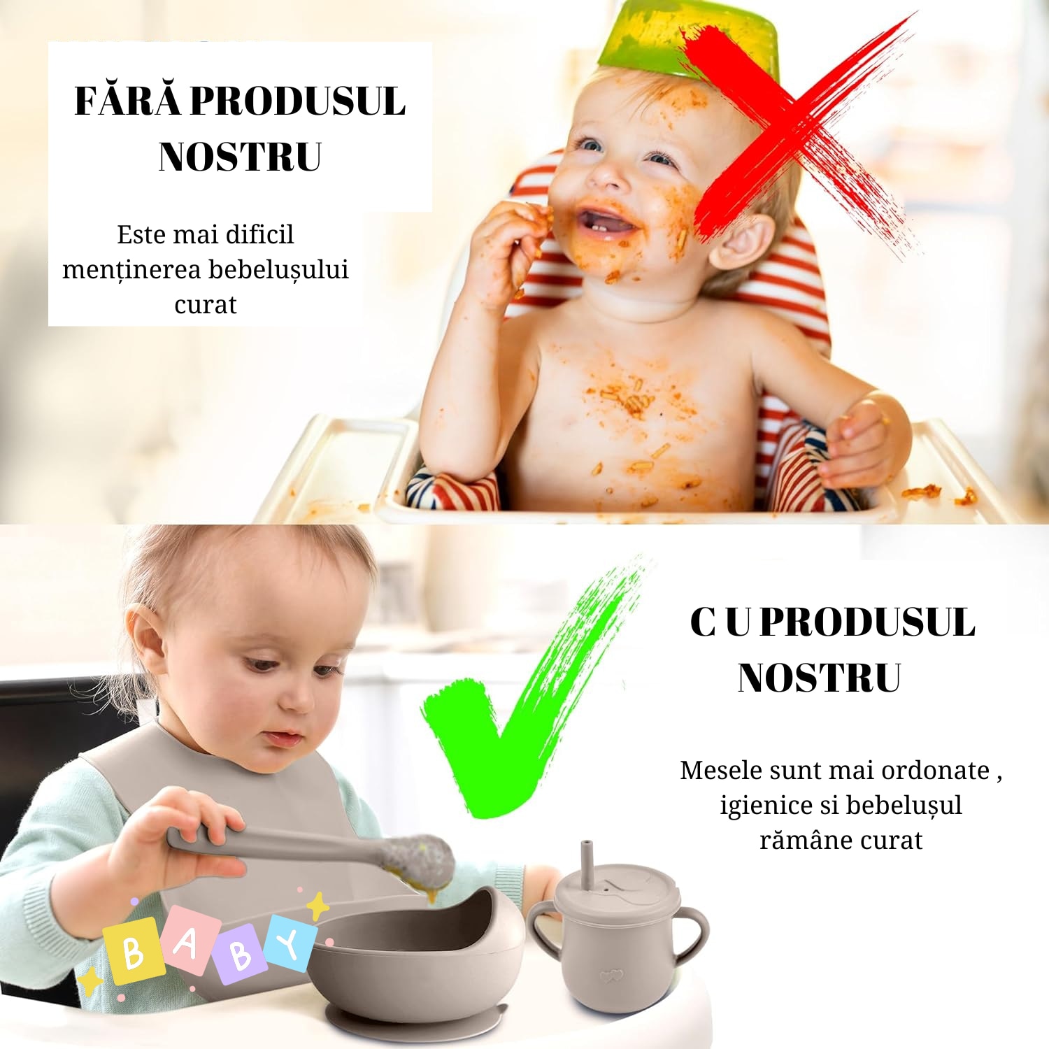 Set hranire bebelusi si copii, 6 piese, diversificare, din silicon 100% fara BPA, format din ...