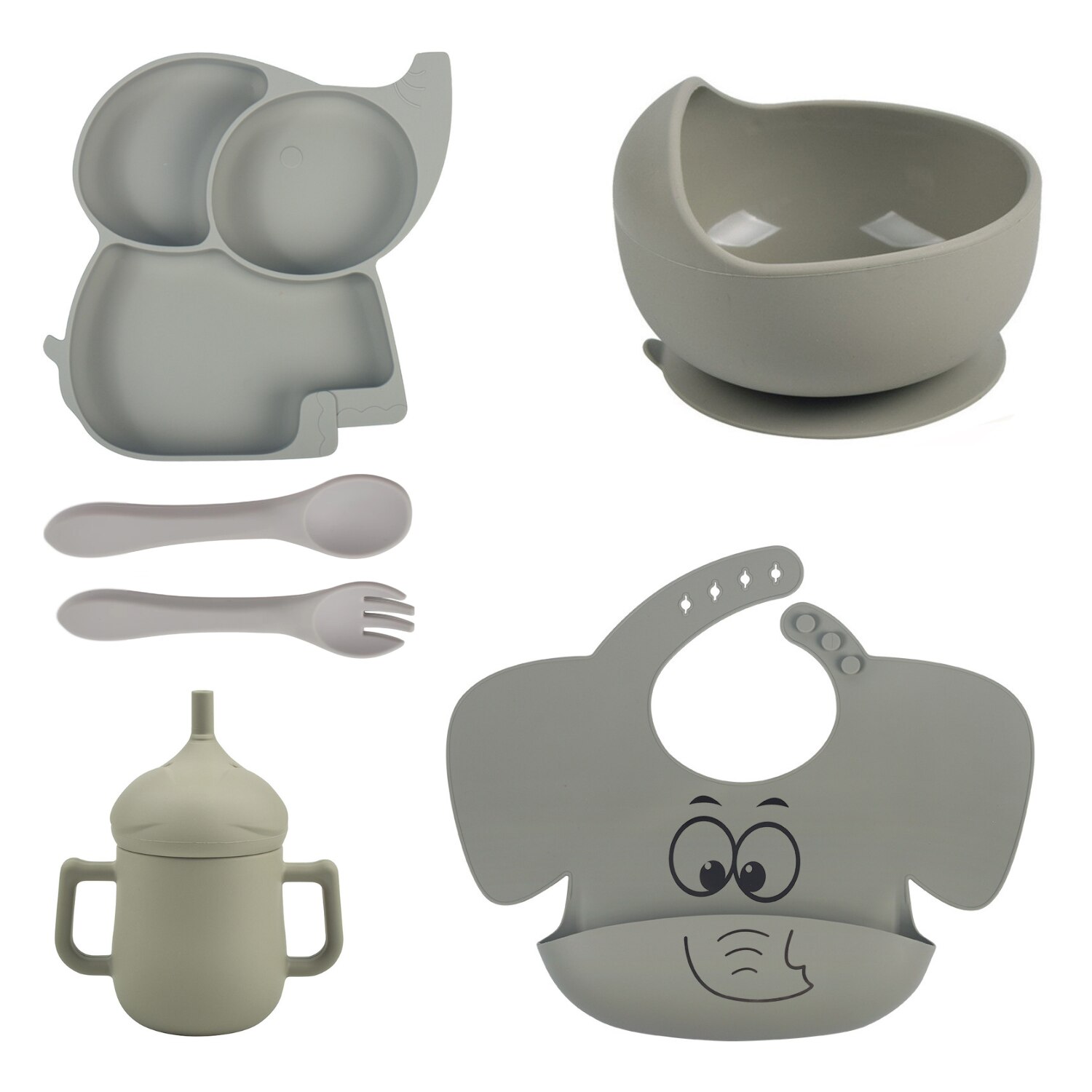 Set hranire bebelusi si copii, 6 piese, diversificare, din silicon 100% fara BPA, format din ...