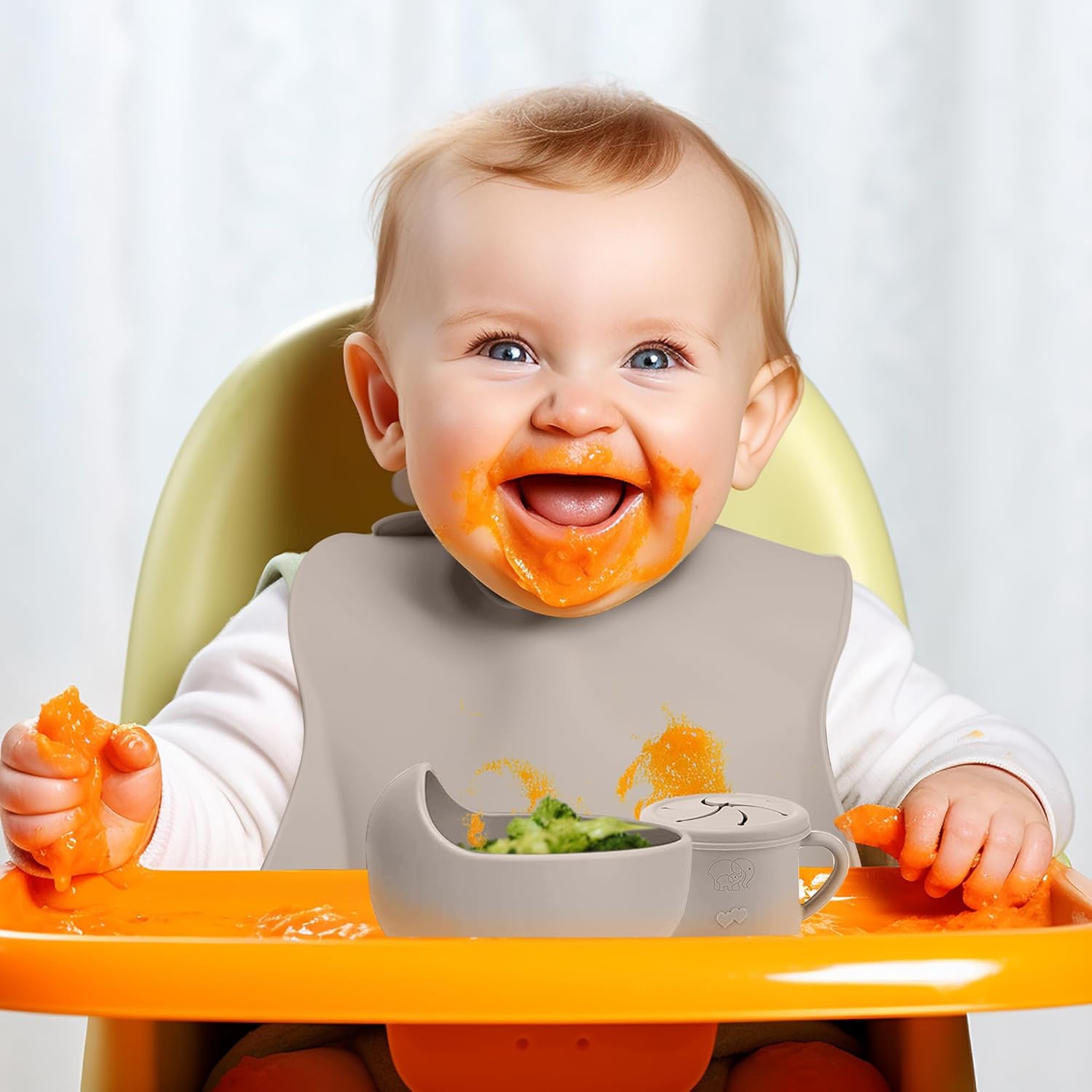 Set hranire bebelusi si copii, 6 piese, diversificare, din silicon 100% fara BPA, format din ...