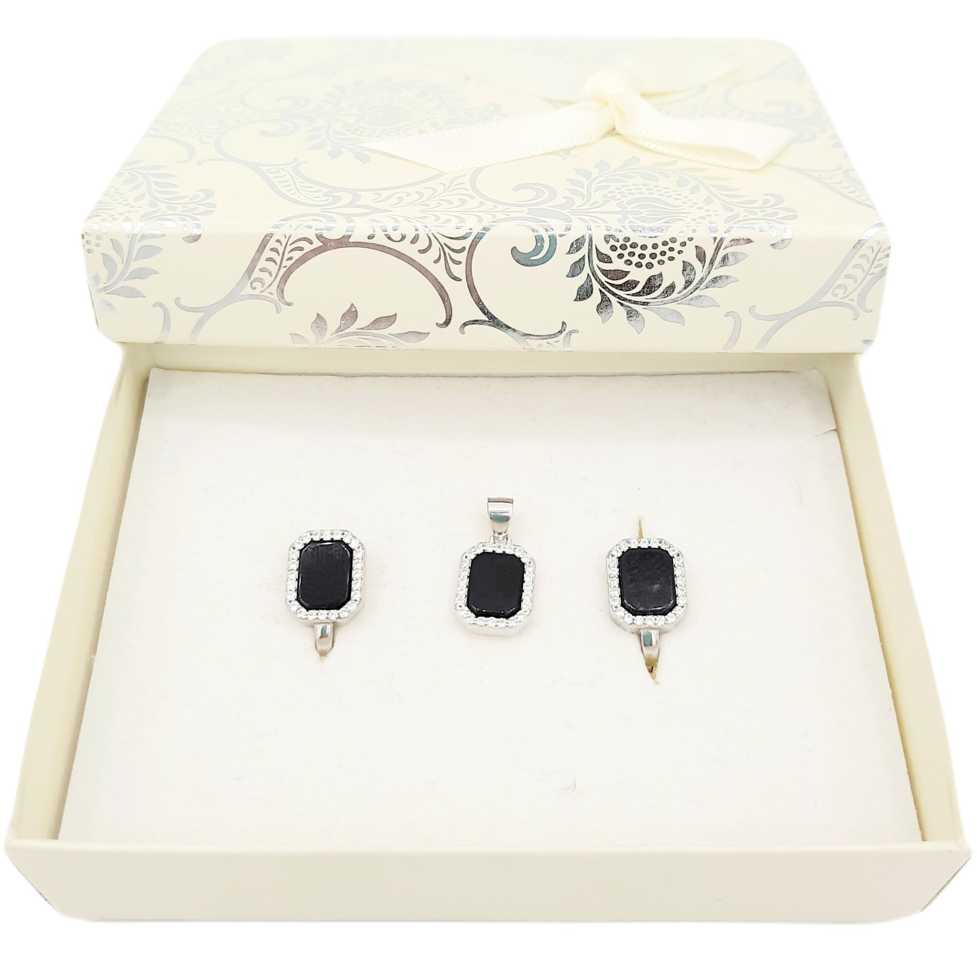 Set Cercei si Pandant Argint 925 cu pietre de Onix si Zirconiu Rosalia de 2 cm - eMAG.ro