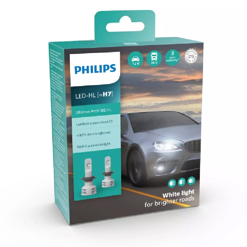 Set 2 leduri auto Philips Ultinon Pro5100 H7, 12 W, 5800 K, 12 / 24 V ...