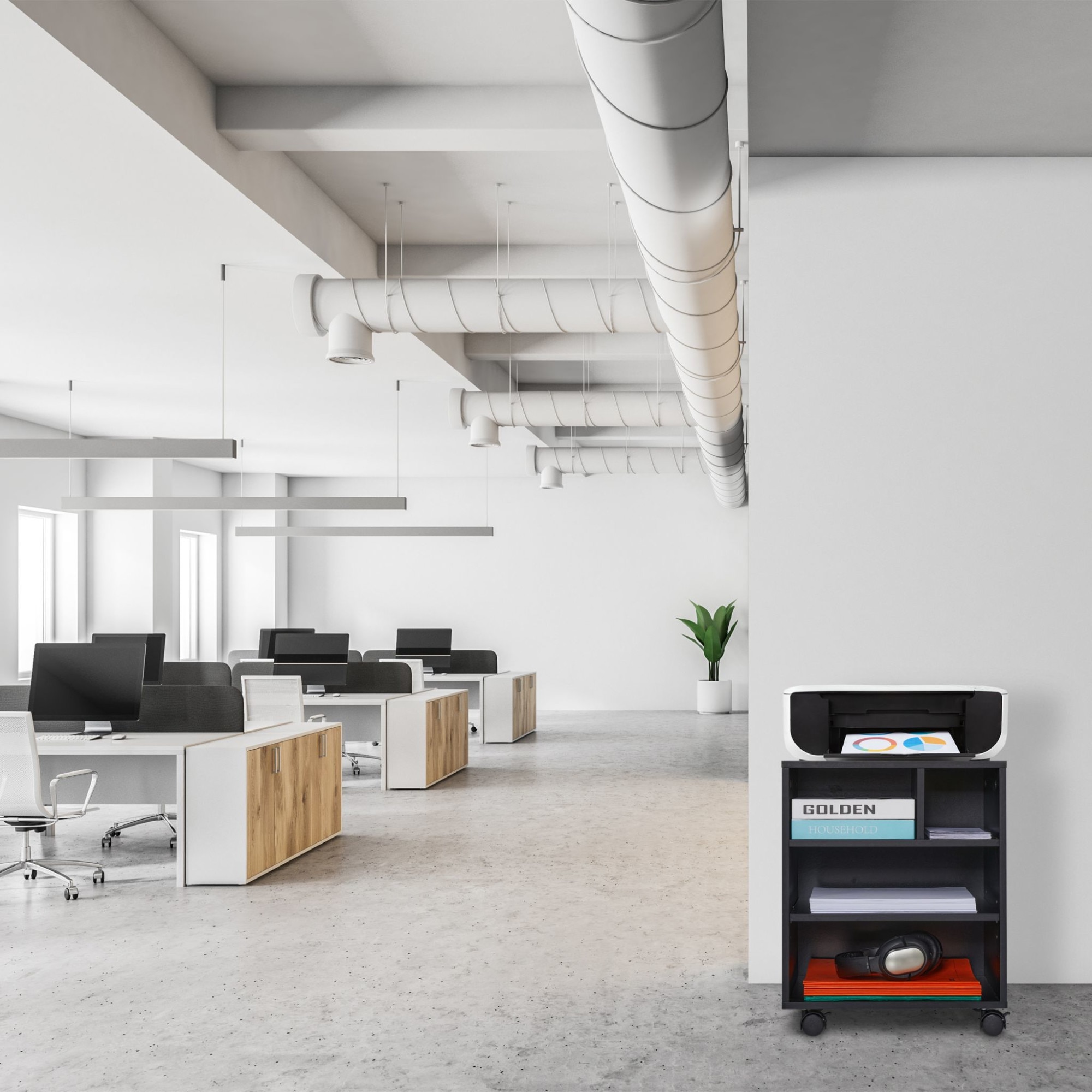 Dulap organizator, suport pentru imprimanta, cu roti, 4 rafturi, din ...