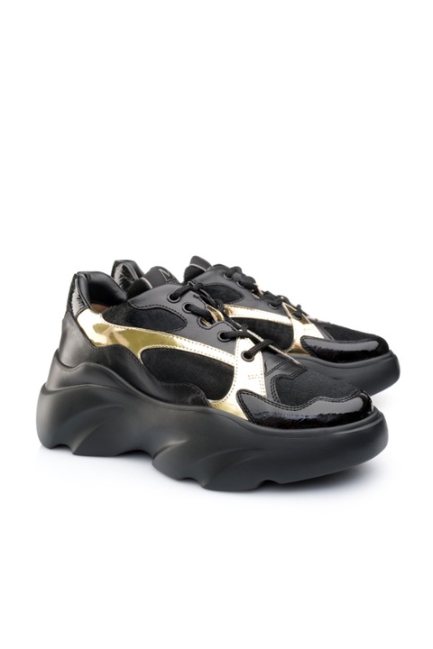 Pantofi casual Musette, ELETA A163, Piele/Piele lacuita, negru/auriu ...