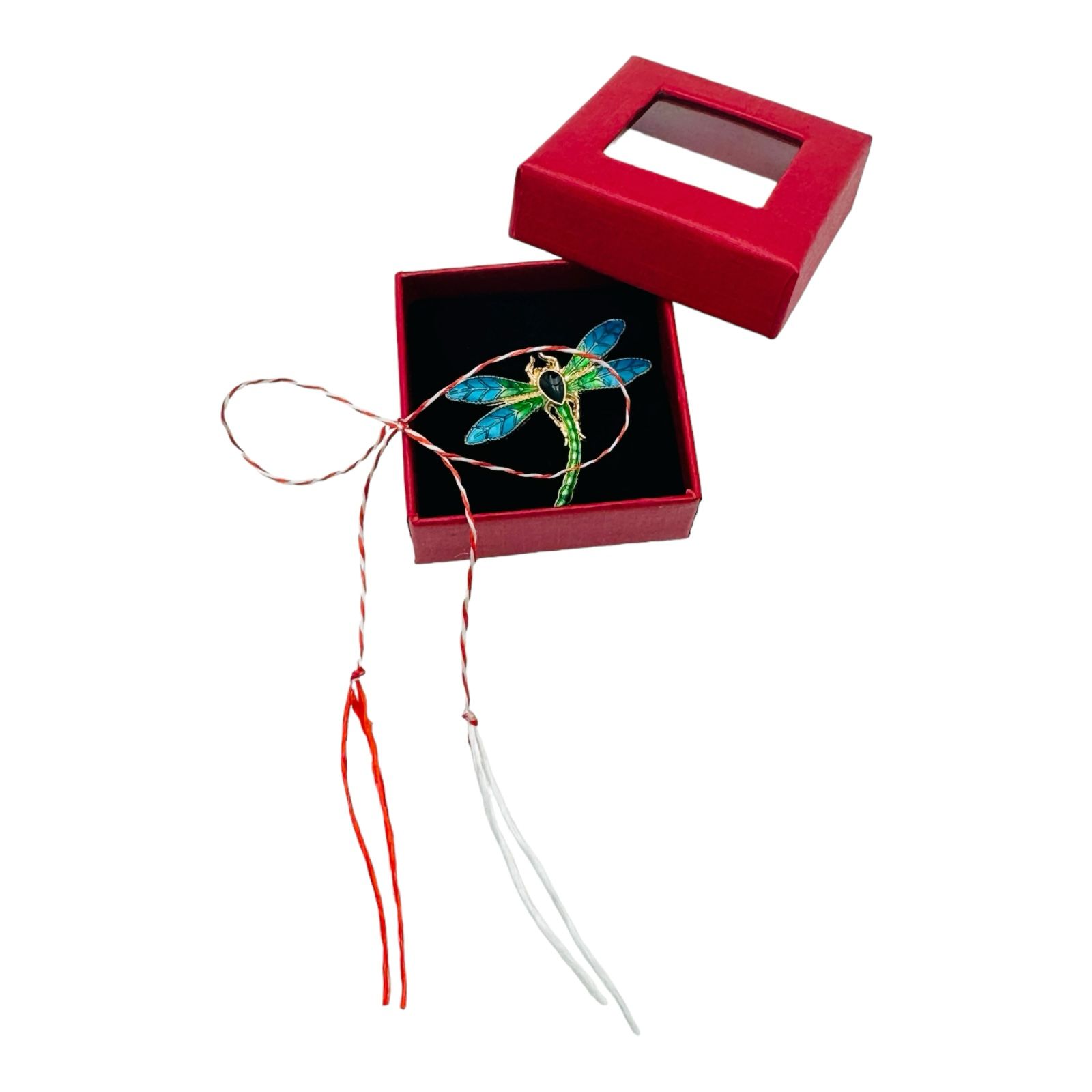 Brosa Martisor Libelula Albastra, in cutiuta rosie cu fereastra, 4.5×4. ...