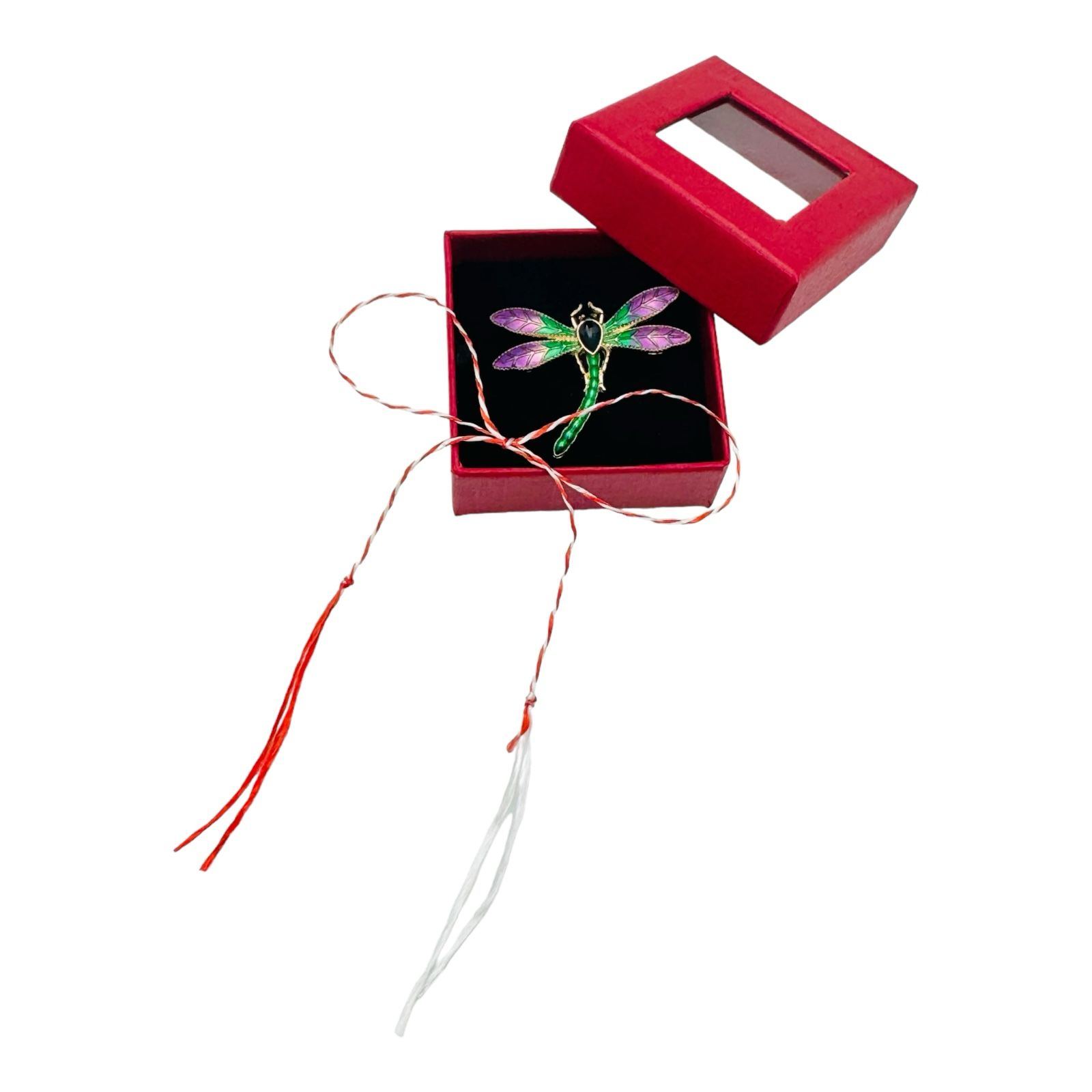 Brosa Martisor Libelula Mov, in cutiuta rosie cu fereastra, 4.5×4.5×2cm ...