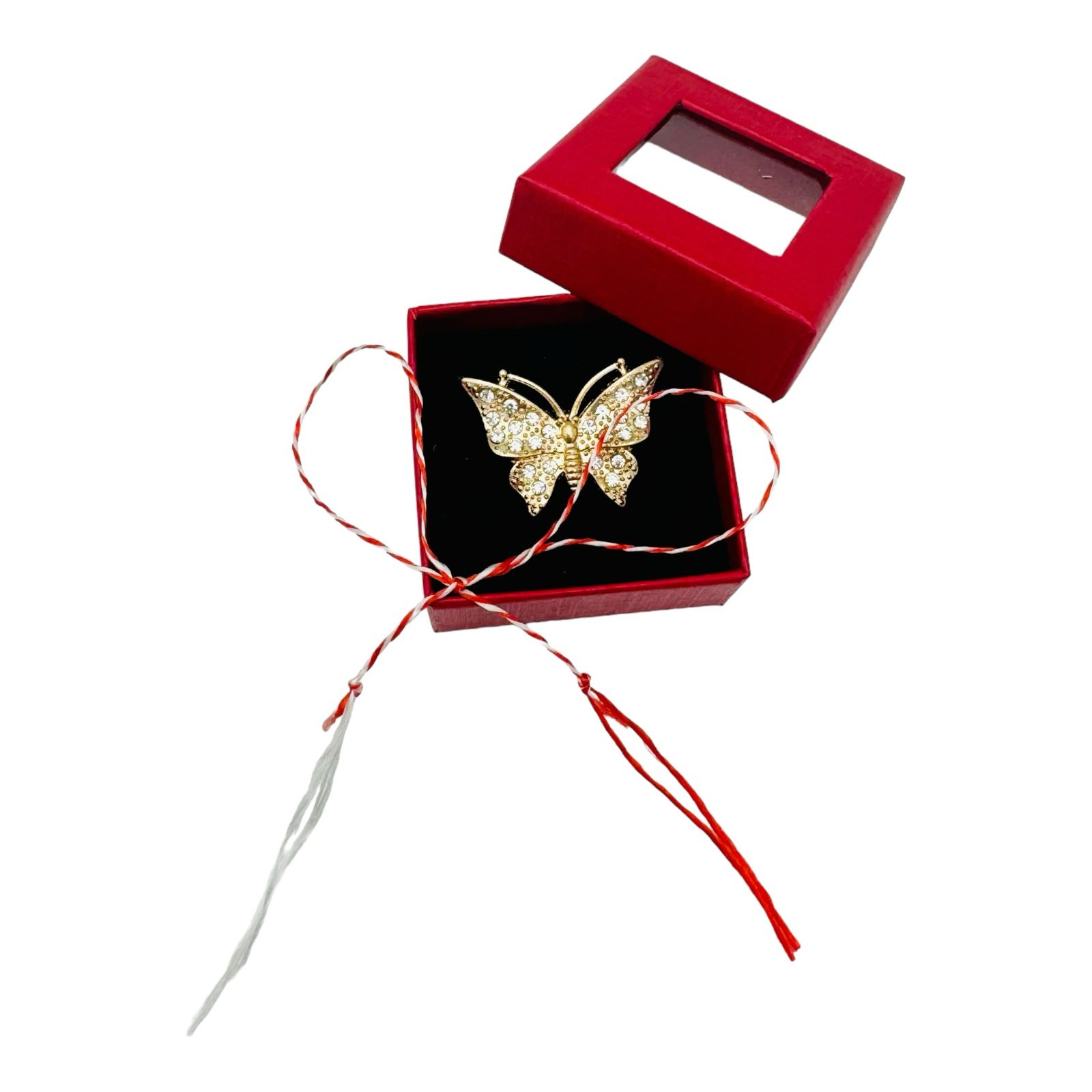 Brosa Martisor Fluturas Alb, in cutiuta rosie cu fereastra, 4.5×4.5×2cm ...
