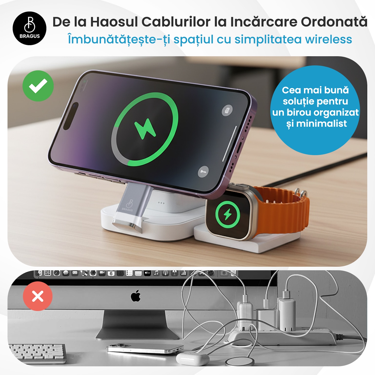 Incarcator Wireless 3 in 1, BRAGUS, Incarcare Simultana 3 Dispozitive ...