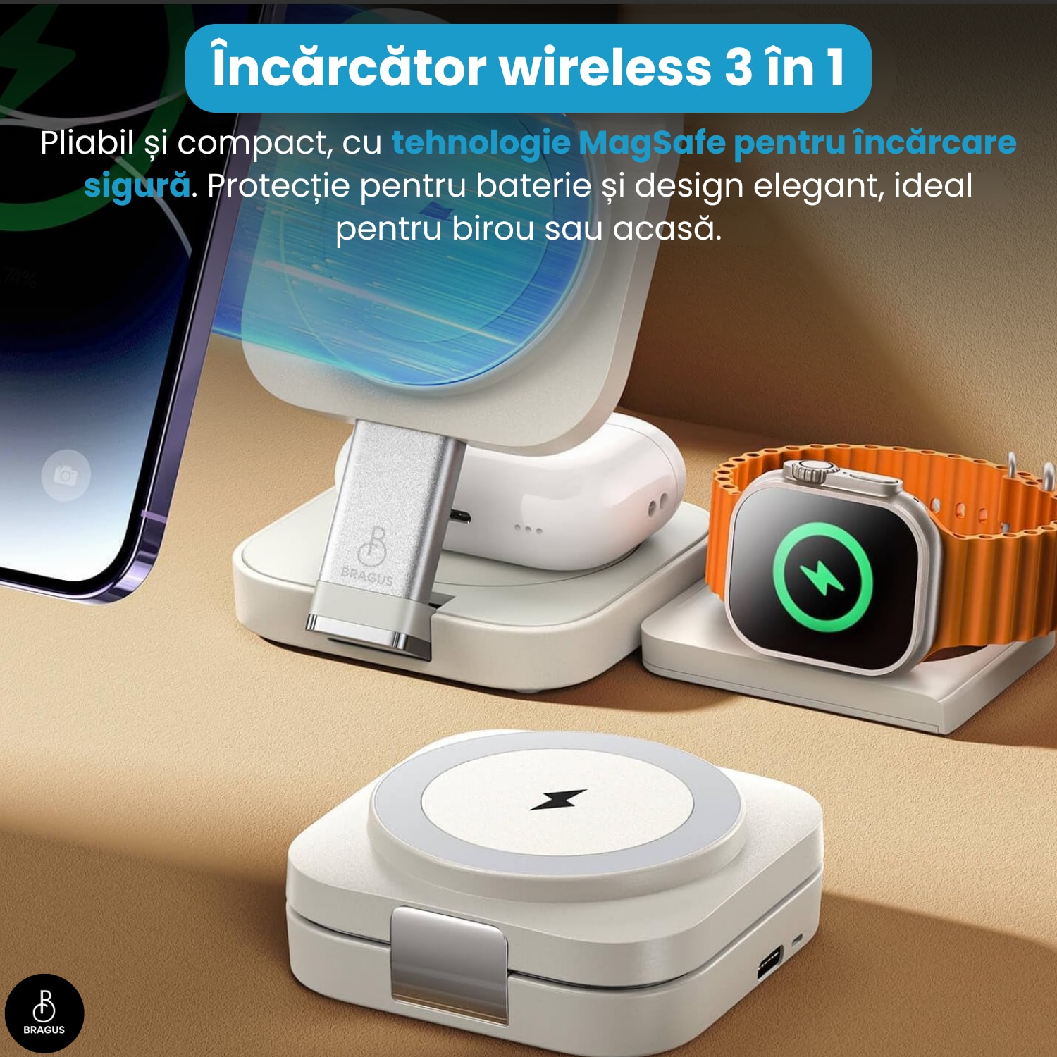 Incarcator Wireless 3 in 1, BRAGUS, Incarcare Simultana 3 Dispozitive ...