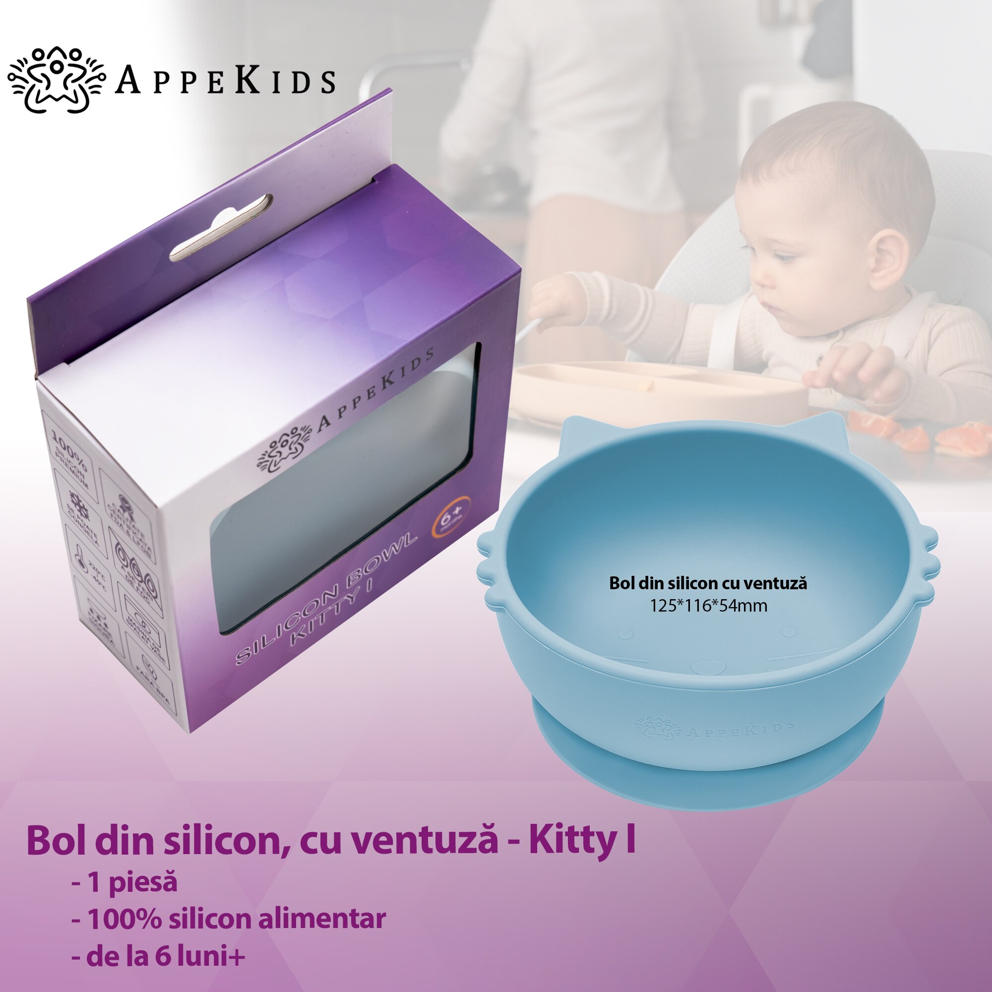 Bol din silicon cu ventuza, AppeKids, Kitty I - Aqua Blue - eMAG.ro