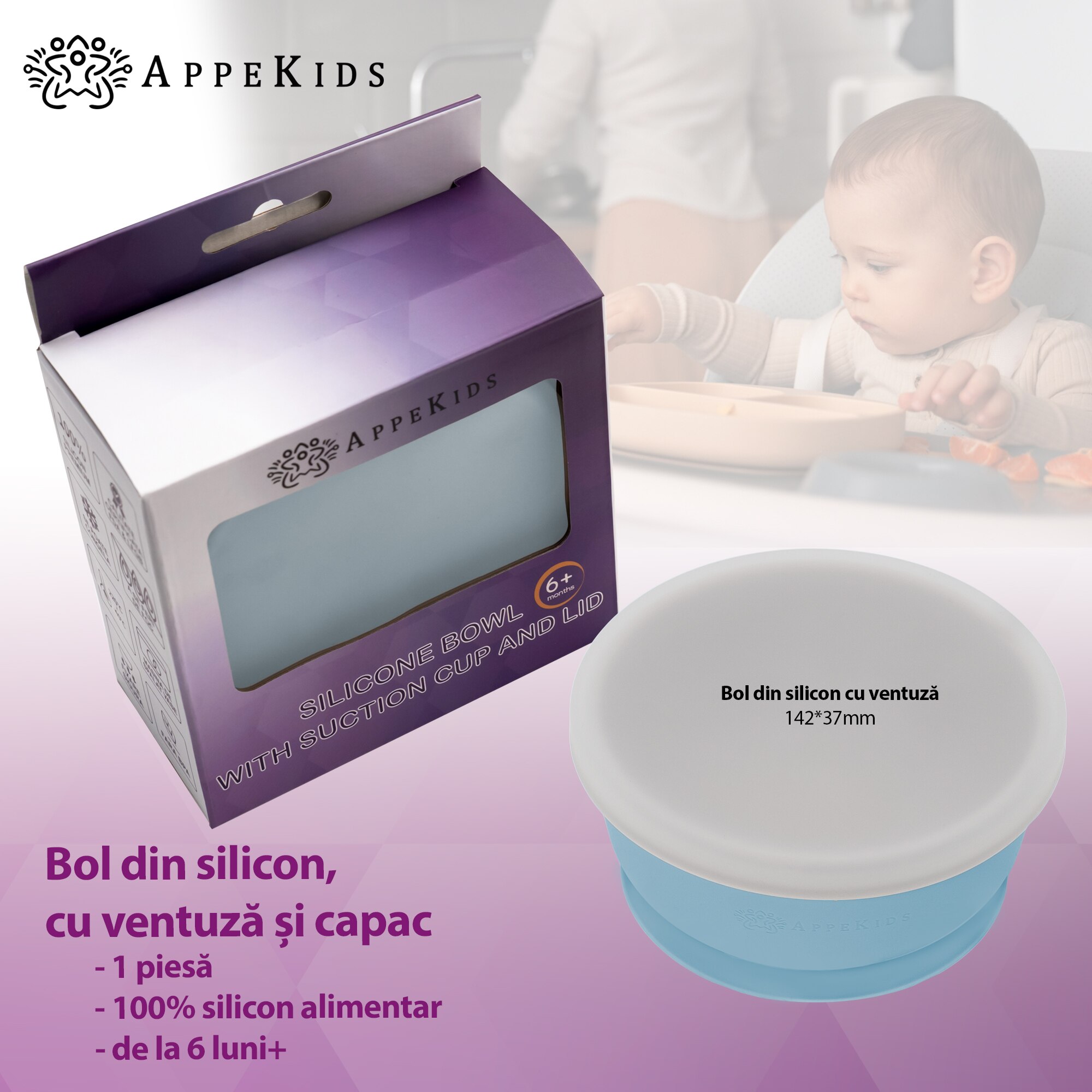 Bol din silicon cu ventuza si capac, AppeKids - Aqua Blue - eMAG.ro