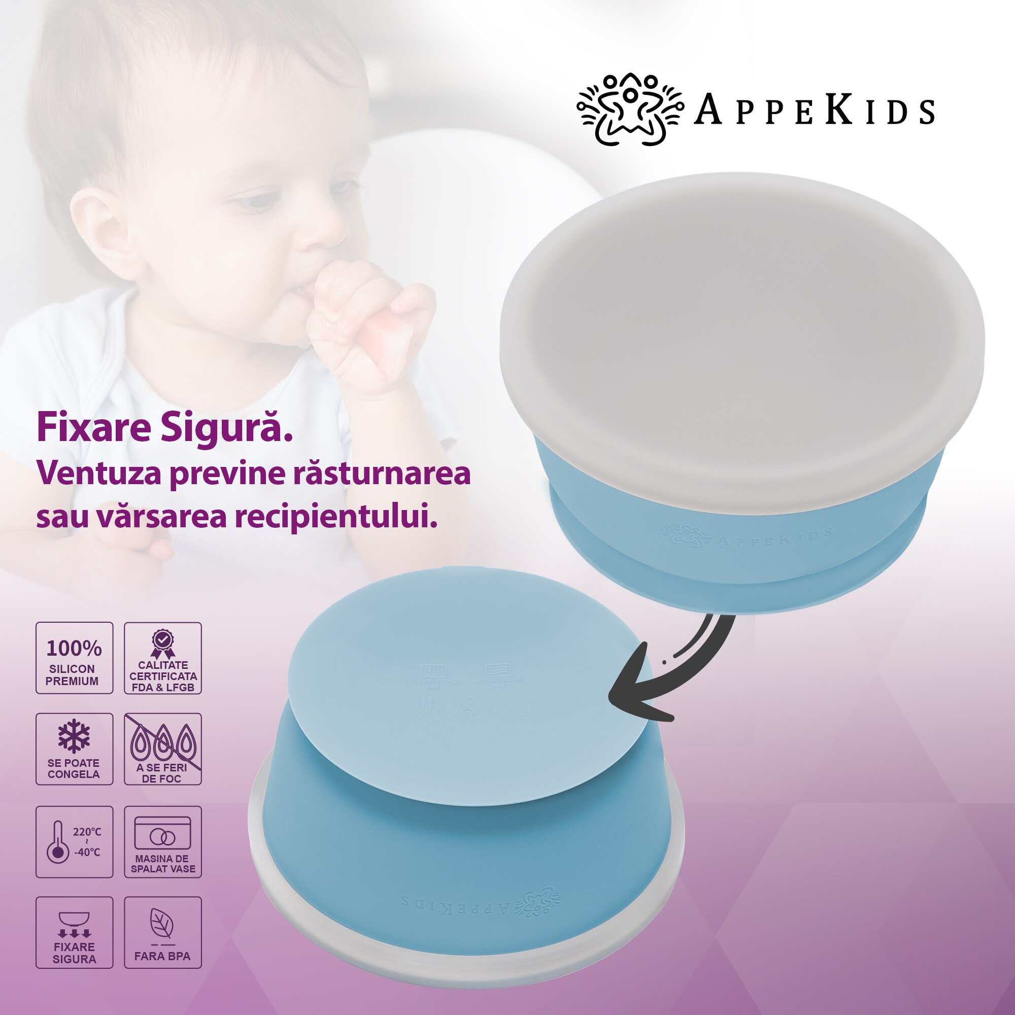 Bol din silicon cu ventuza si capac, AppeKids - Aqua Blue - eMAG.ro