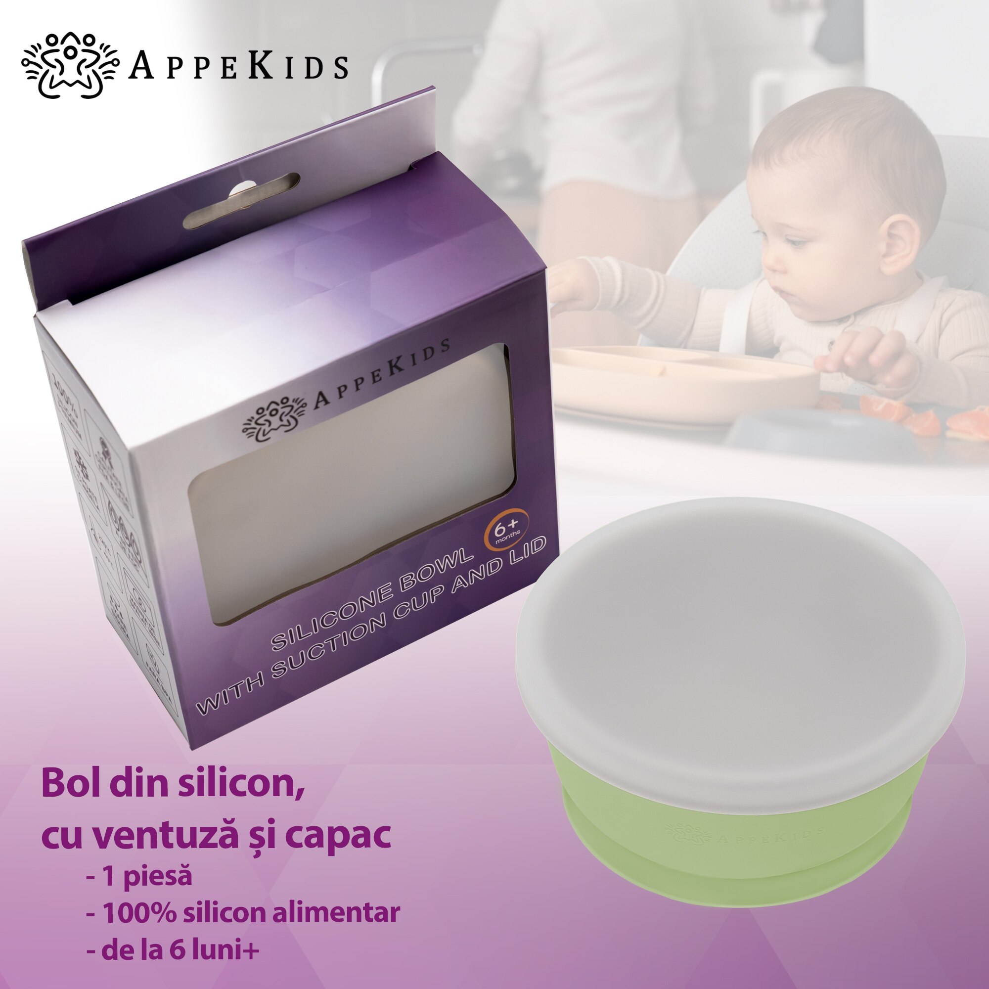 Bol din silicon cu ventuza si capac, AppeKids - Raw Green - eMAG.ro