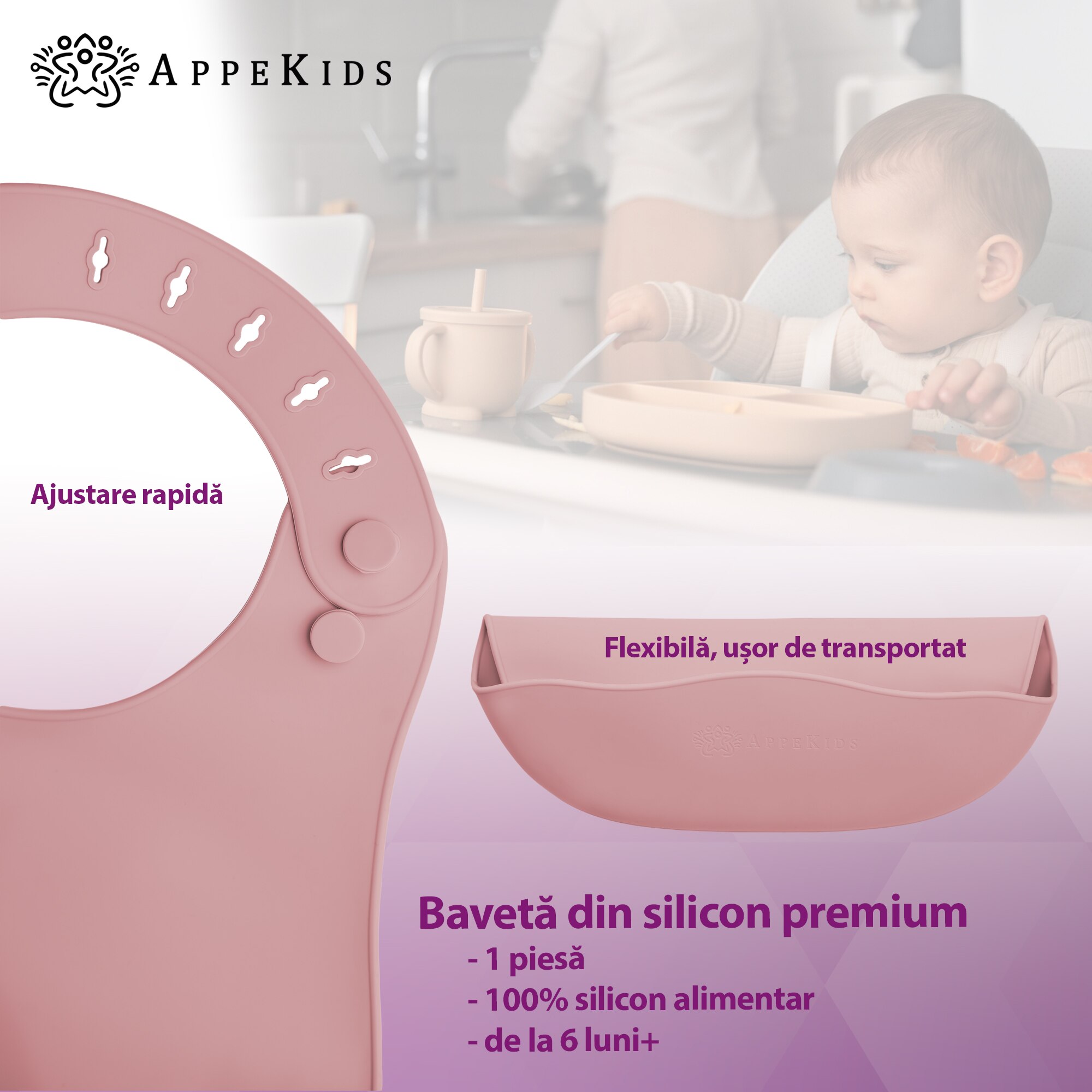 Baveta din silicon, AppeKids - Old Rose - eMAG.ro