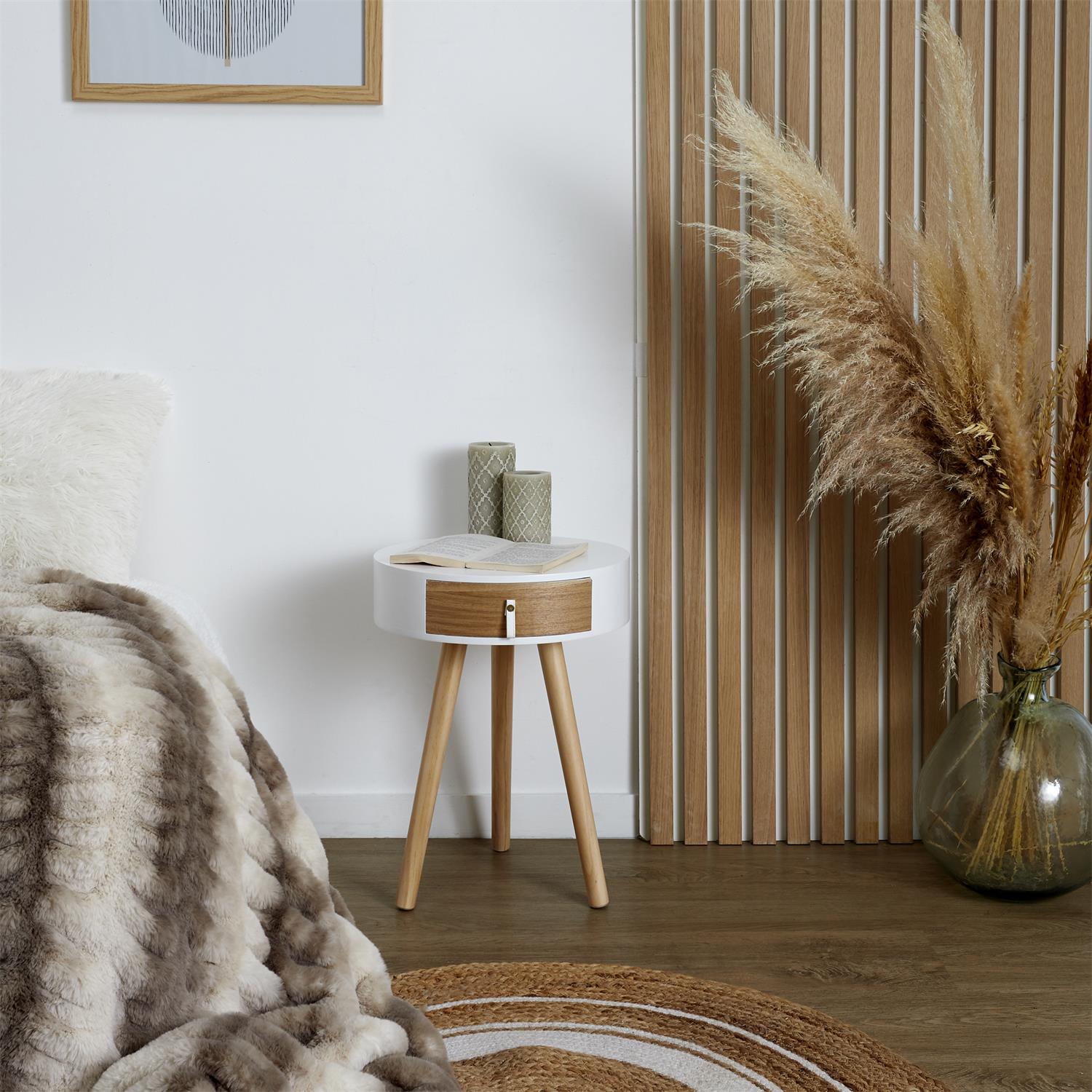 Noptiera rotunda, MDF alb, picioare lemn, Norra - eMAG.ro