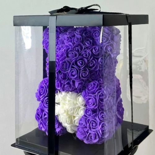 Ursulet din trandafiri de spuma, teddy bear mov inima alba, 20cm ...