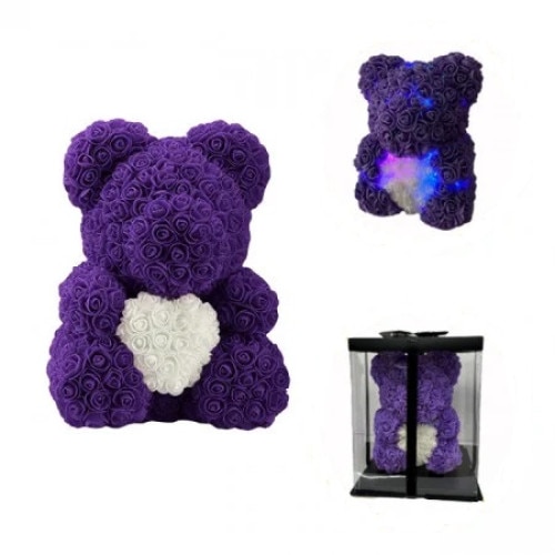 Ursulet din trandafiri de spuma, teddy bear mov inima alba, 20cm ...