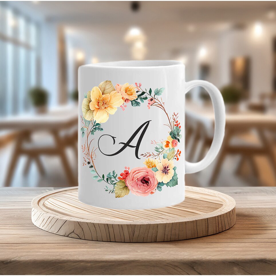 Cana personalizata cu initiala numelui, alba, 350ml, Colectia Flori ...