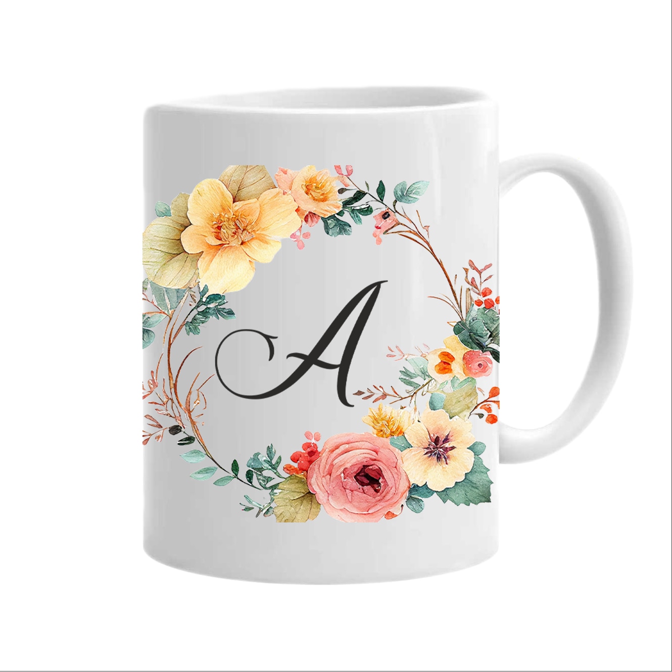 Cana personalizata cu initiala numelui, alba, 350ml, Colectia Flori ...