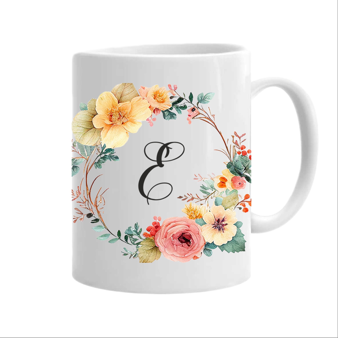 Cana personalizata cu initiala numelui, alba, 350ml, Colectia Flori ...