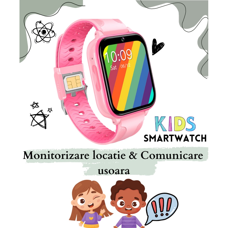 Ceas smartwatch copii GPS 4G, Merkie® T12, cu localizare GPS, buton SOS ...