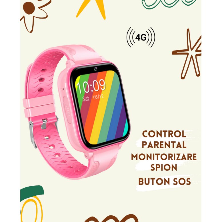 Ceas smartwatch copii GPS 4G, Merkie® T12, cu localizare GPS, buton SOS ...