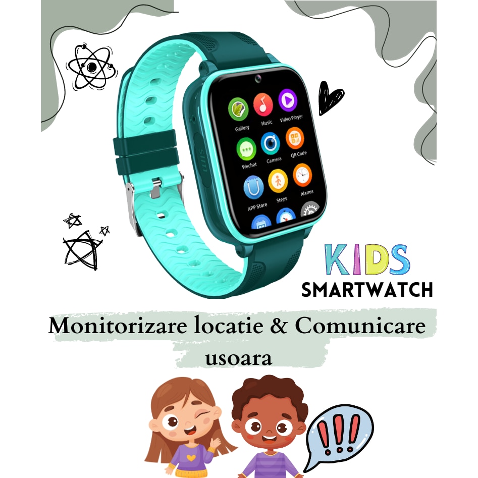 Ceas smartwatch copii GPS 4G, Merkie® T12, cu localizare GPS, buton SOS ...