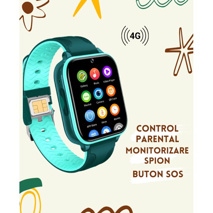 Ceas smartwatch copii GPS 4G, Merkie® T12, cu localizare GPS, buton SOS ...