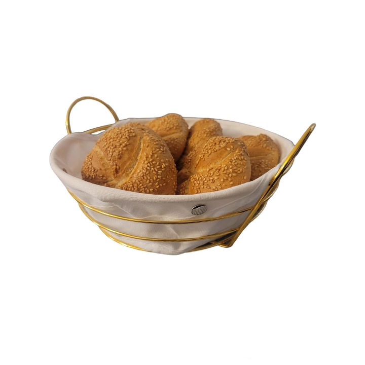 Cos rotund pentru paine si patiserie auriu, din metal, cu husa ...