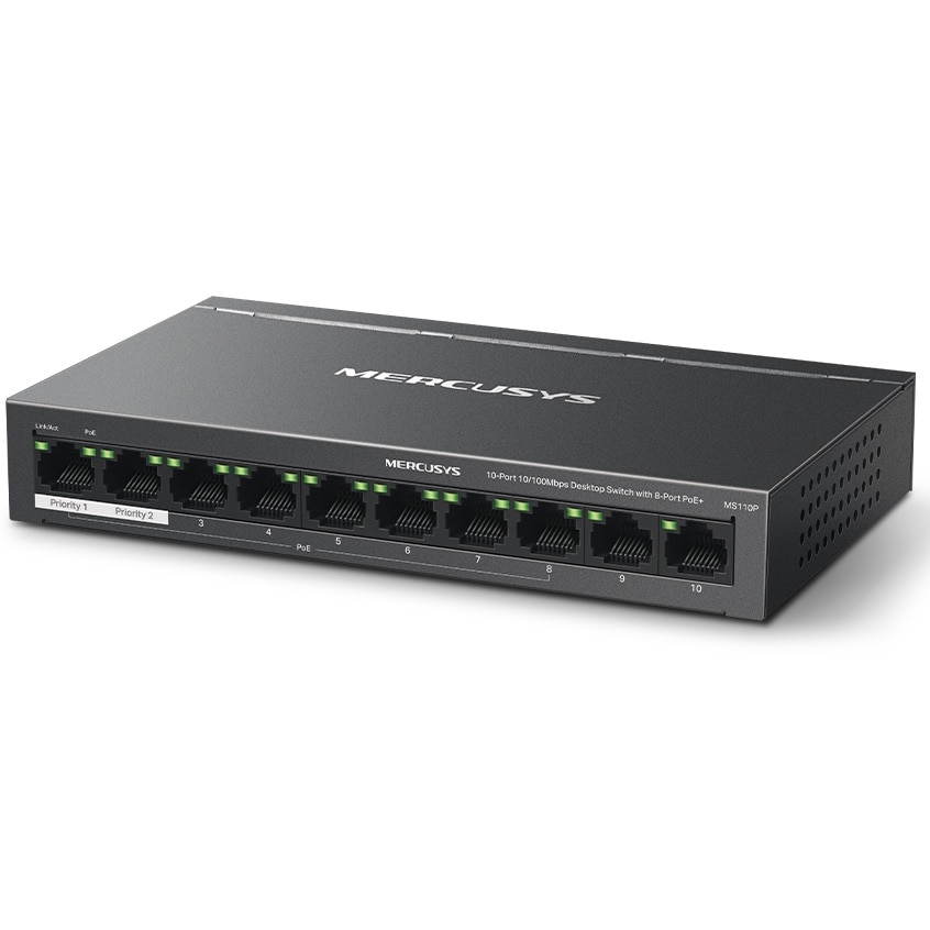 Switch PoE Desktop Mercusys MS110GP, 10 porturi 10/100Mbps (dintre care ...