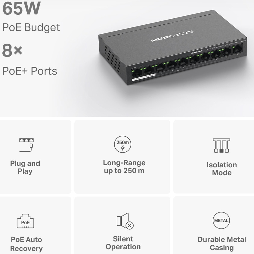 Switch PoE Desktop Mercusys MS110GP, 10 porturi 10/100Mbps (dintre care ...