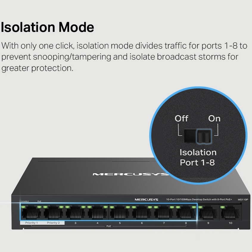Switch PoE Desktop Mercusys MS110GP, 10 porturi 10/100Mbps (dintre care ...