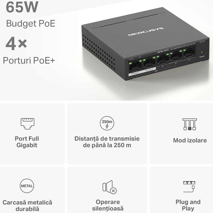 Switch PoE Desktop Mercusys MS105GP, 5 porturi Gigabit (dintre care 4 ...