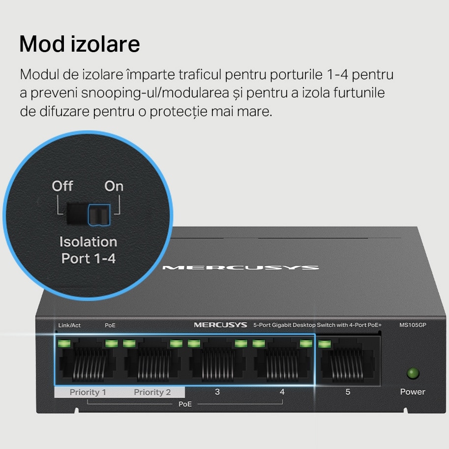 Switch PoE Desktop Mercusys MS105GP, 5 porturi Gigabit (dintre care 4 ...
