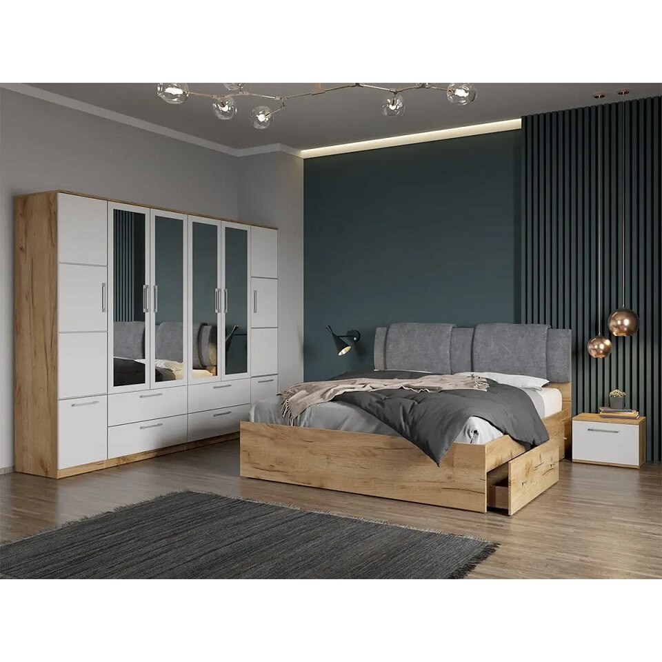 Set dormitor complet, Stejar Auriu, Acapulco, C59, Pat 2 sertare, Dulap ...
