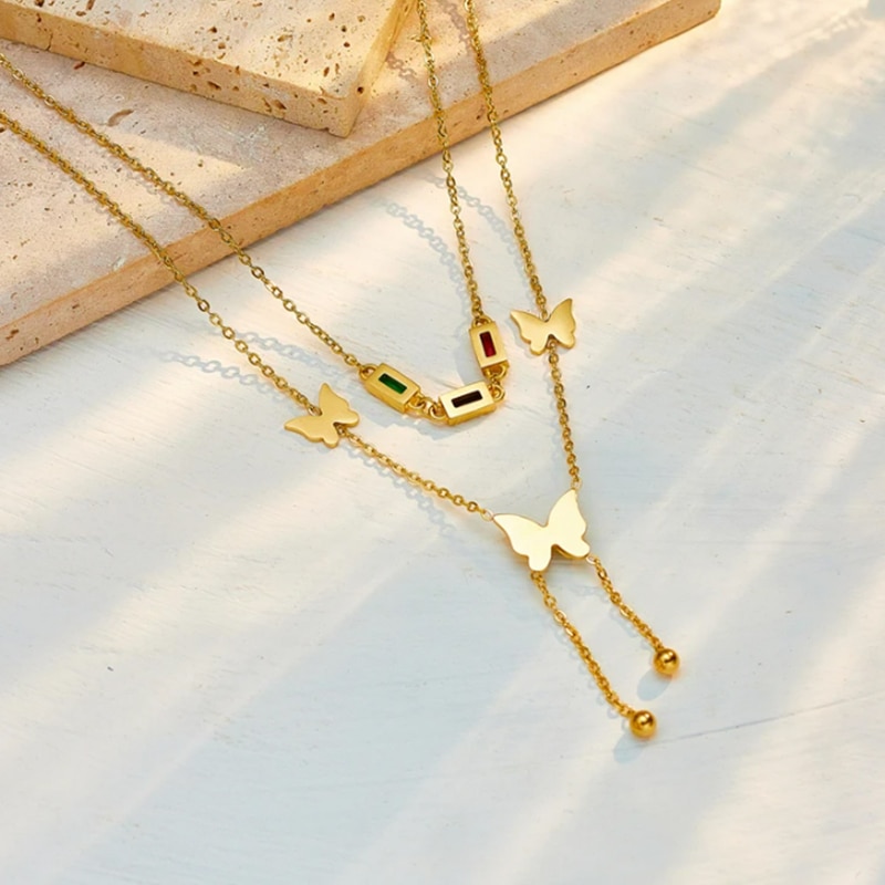 Lant dama, model dublat cu cristale si pandantive fluturi, prelungire ...