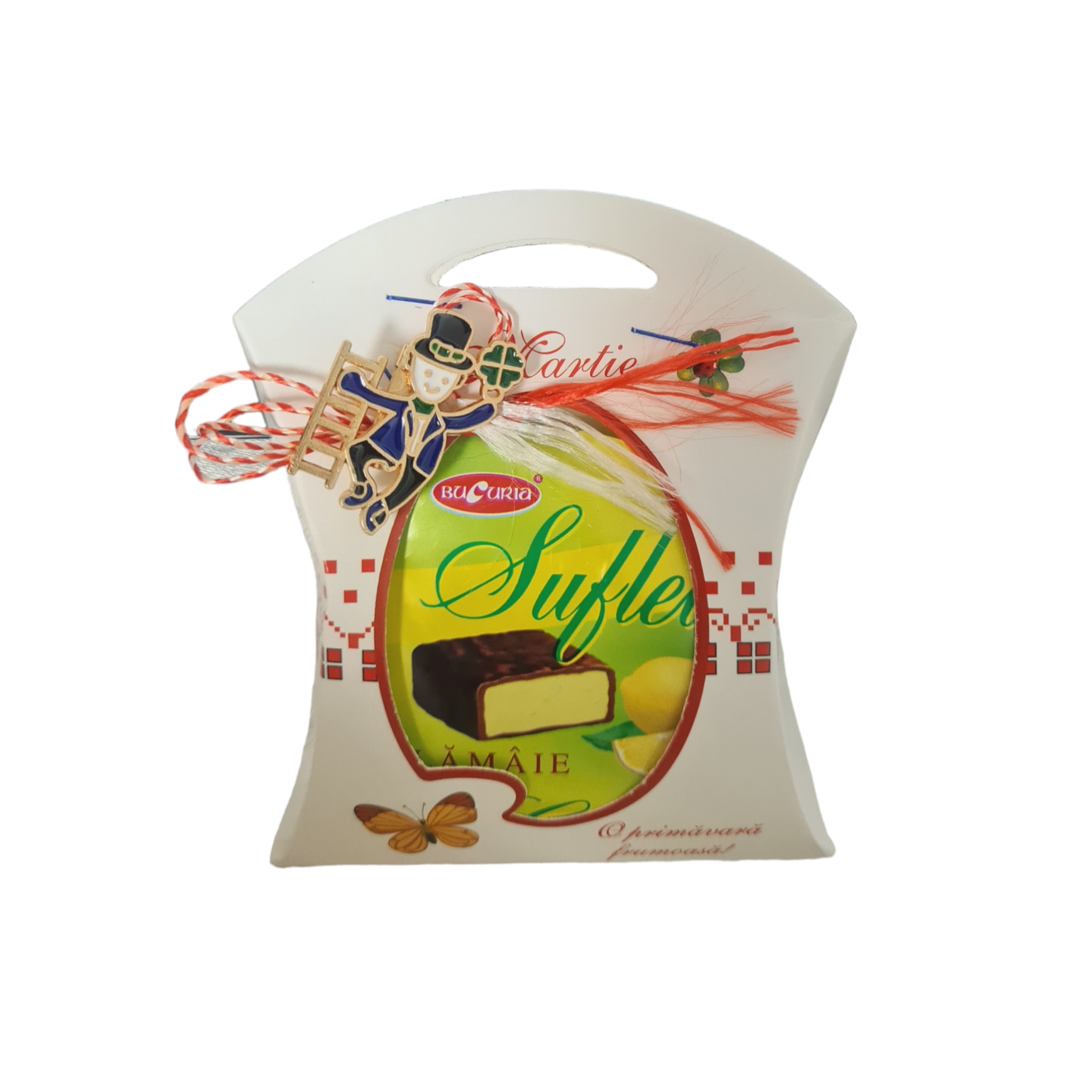 Set 10 martisoare dulci, cutie geanta cu ciocolata Bucuria, brosa metal ...