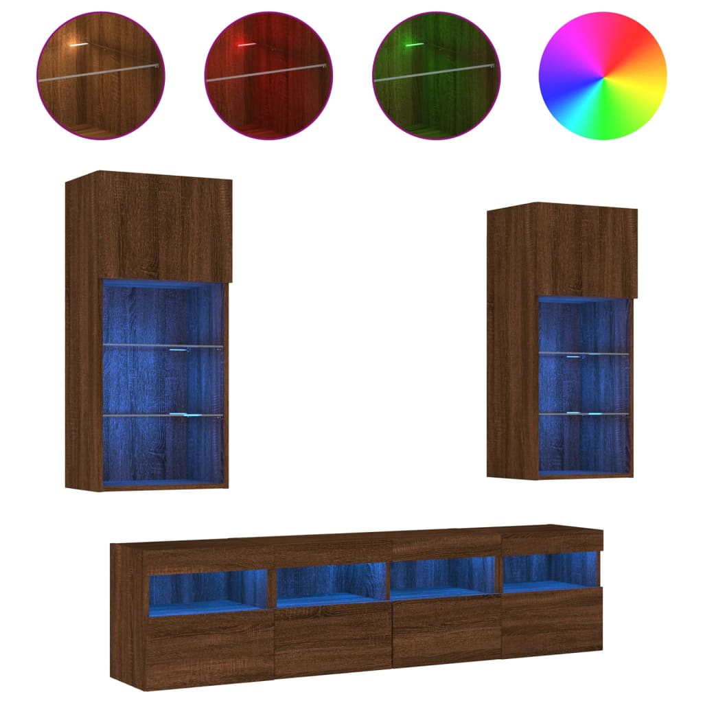 Set mobilier TV, Zakito Europe, Lemn, iluminare Led RGB, Stejar maro ...