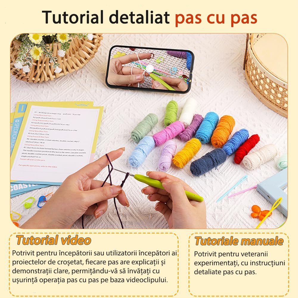 Set pentru crosetat, POMAMZ, Contine 4 coastere, cu instrument ...