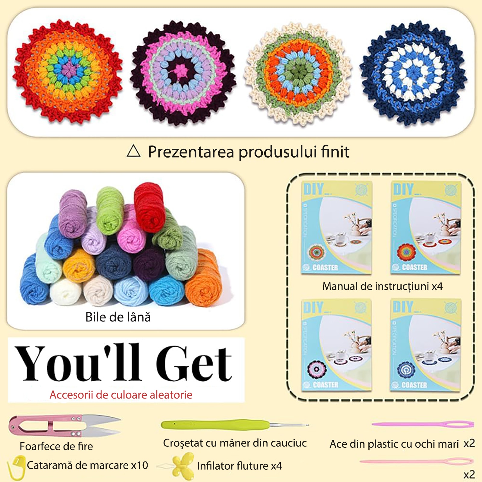 Set pentru crosetat, POMAMZ, Contine 4 coastere, cu instrument ...