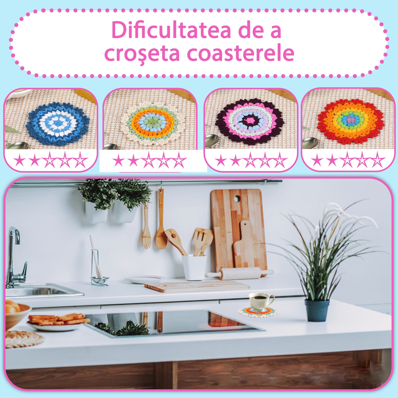 Set pentru crosetat, POMAMZ, Contine 4 coastere, cu instrument ...