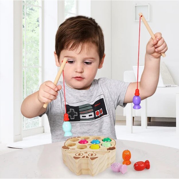 Joc de pescuit cu magnet, Zola®, din lemn, Montessori, pisicuta, 2 ...
