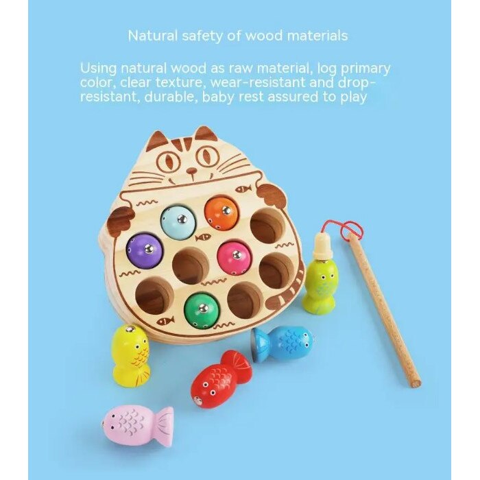 Joc de pescuit cu magnet, Zola®, din lemn, Montessori, pisicuta, 2 ...